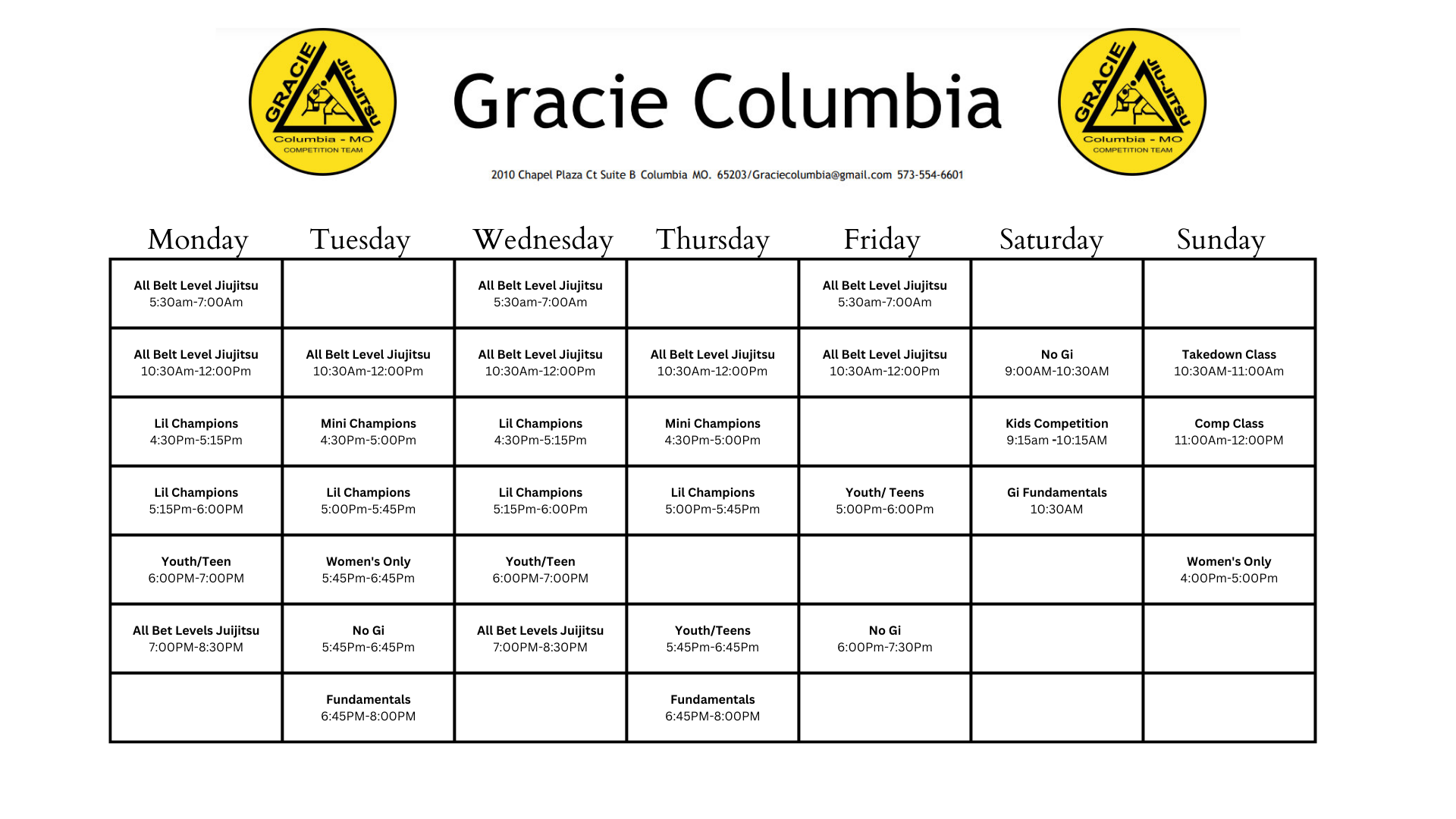 Schedule - Gracie Humaita Columbia